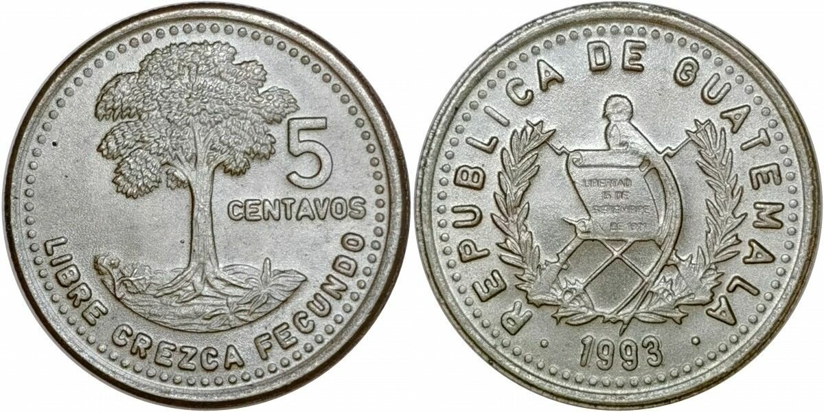 Гватемала 5 сентаво, 1977 - 2008 Дерево XF