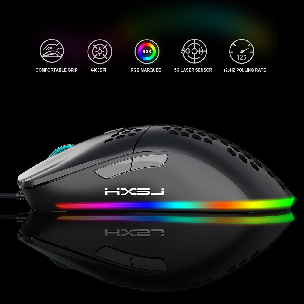 Проводная игровая мышь HXSJ J900 USB, игровая мышь с RGB-подсветкой и шестью регулируемыми скоростями движения, эргономичный дизайн для настольного компьютера и ноутбука, черная