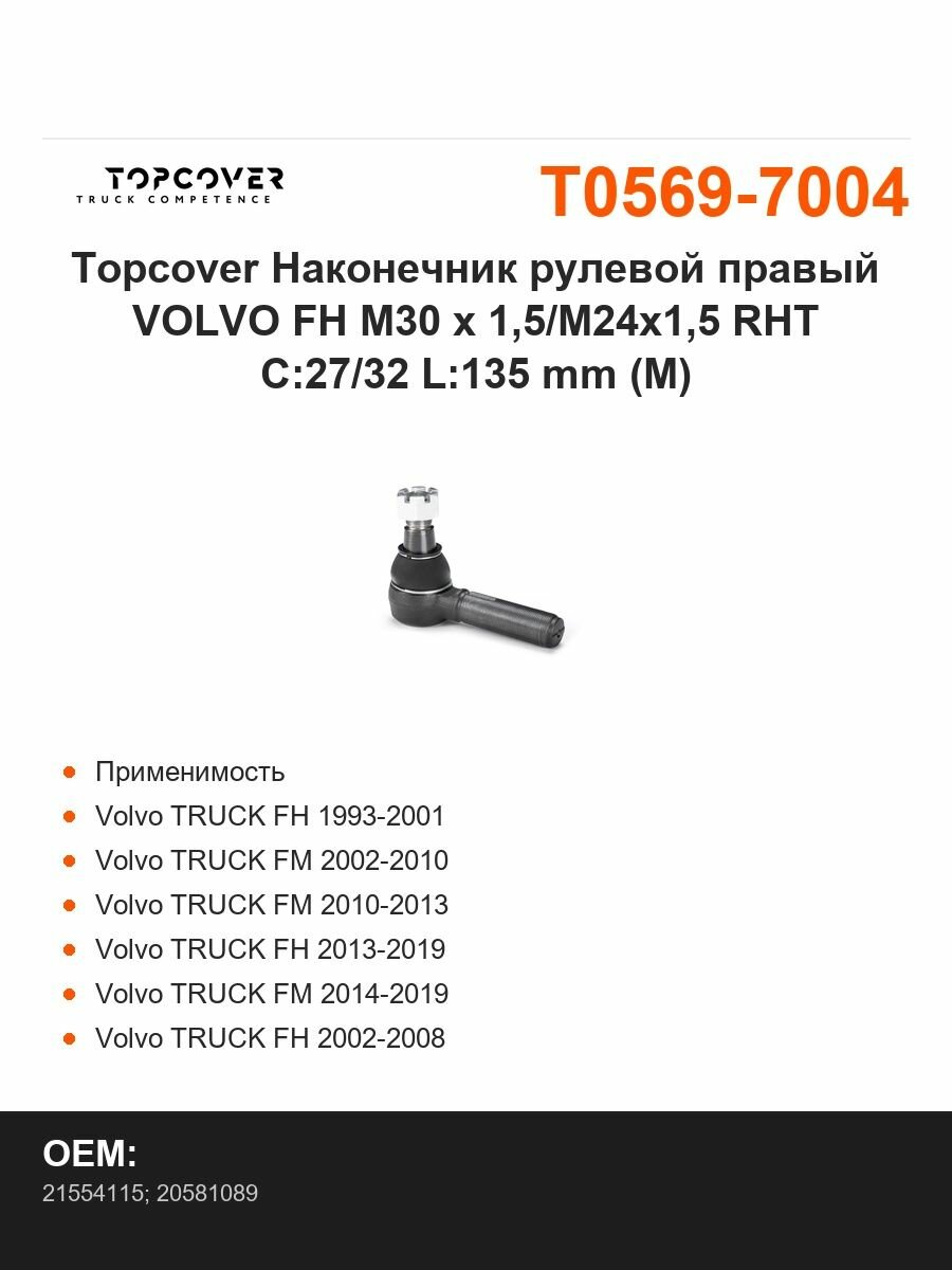 Topcover Наконечник рулевой правый VOLVO FH M30 x 1,5/M24x1,5 RHT C:27/32 L:135 mm (M)