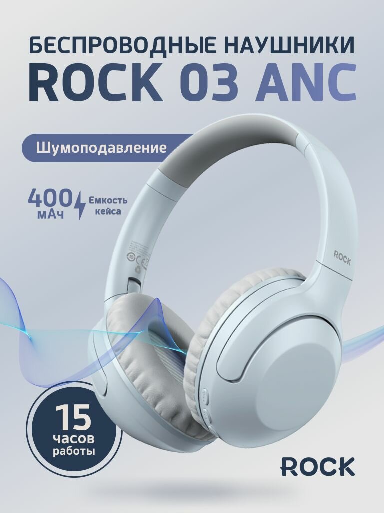Беспроводные наушники накладные с активным шумоподавлением Rock O3 ANC Wireless Headphones голубые