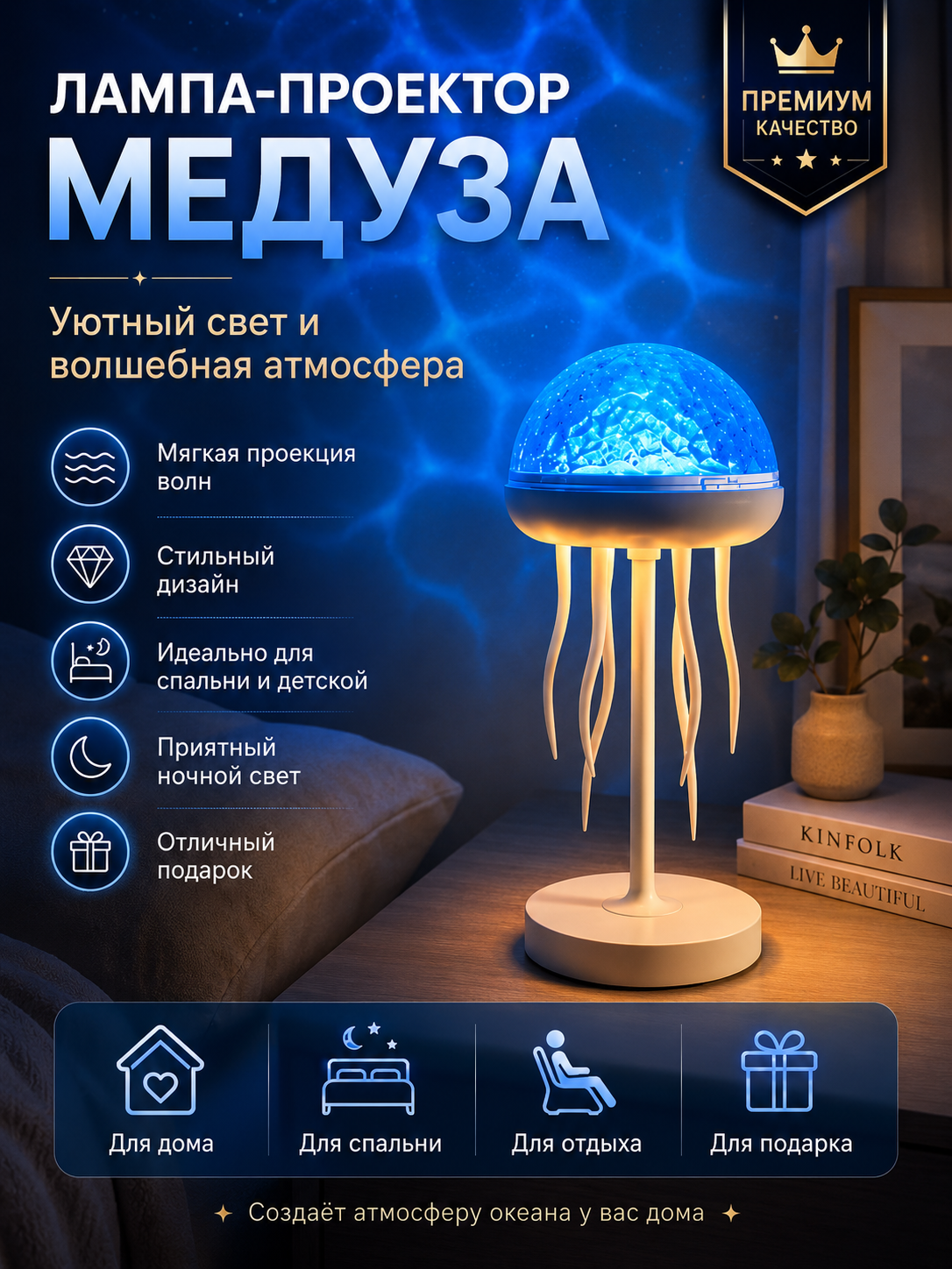 Медуза-проектор Ночник, Водный Волновой Светильник Для Детей И Взрослых, Атмосфера Морского Заката