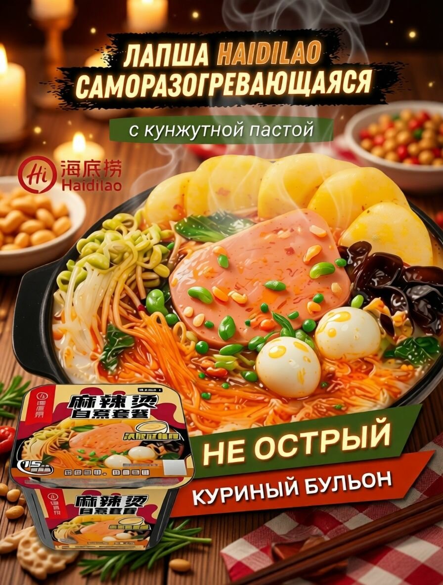 Саморазогревающаяся лапша Hot Pot со вкусом кунжутной пасты и куриным бульоном 273гр