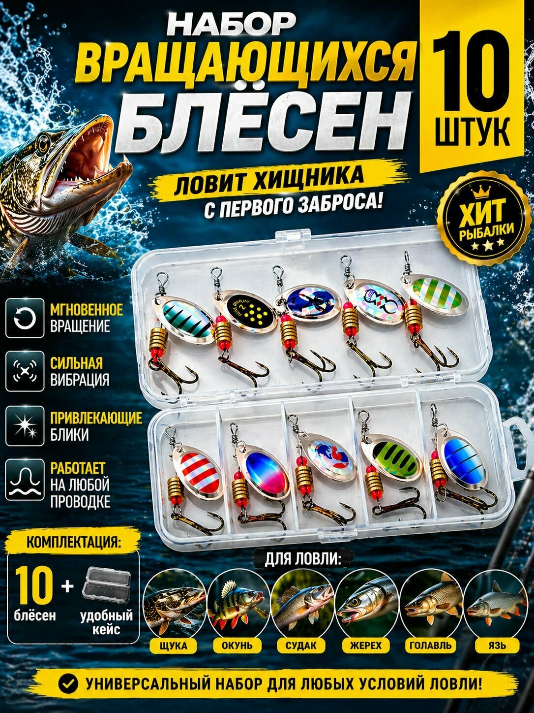 Набор блесен на щуку и окуня, 10 уловистых вертушек + кейс, для спиннинга