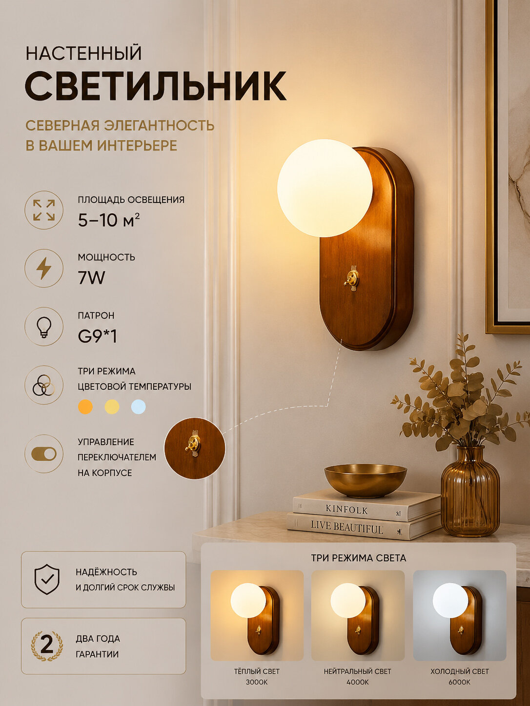 Бра настенное LED|3 режимами света|деревянное основание|переключатель-тумблер|G9|белый