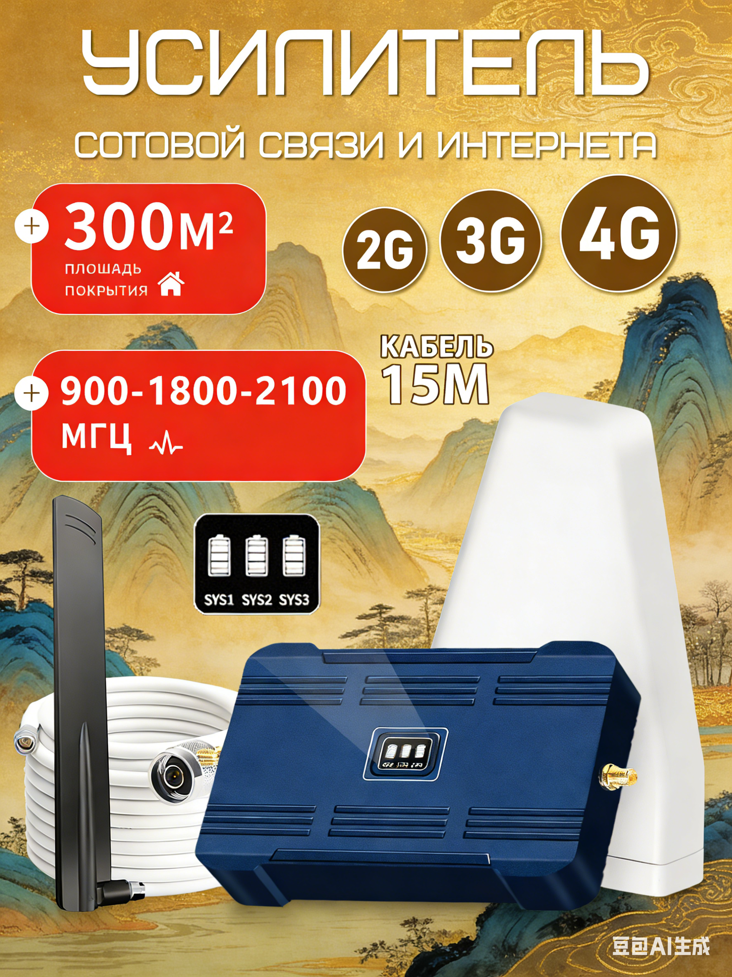 Усилитель сотовой связи 900/1800/2100 МГц (2G/3G/4G): до 70 км, направленный, синий, 1.3 кг