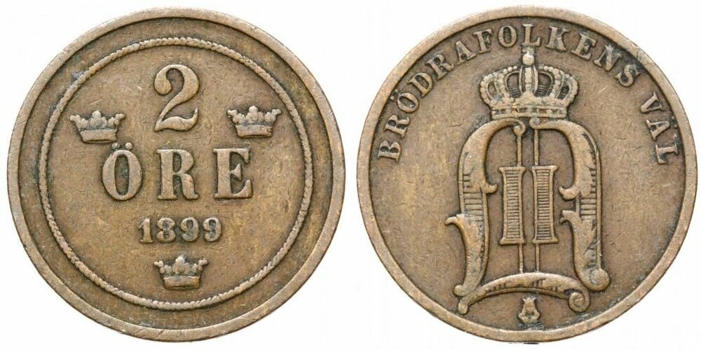 Швеция 2 эре, 1877 - 1905 Король Оскар II XF