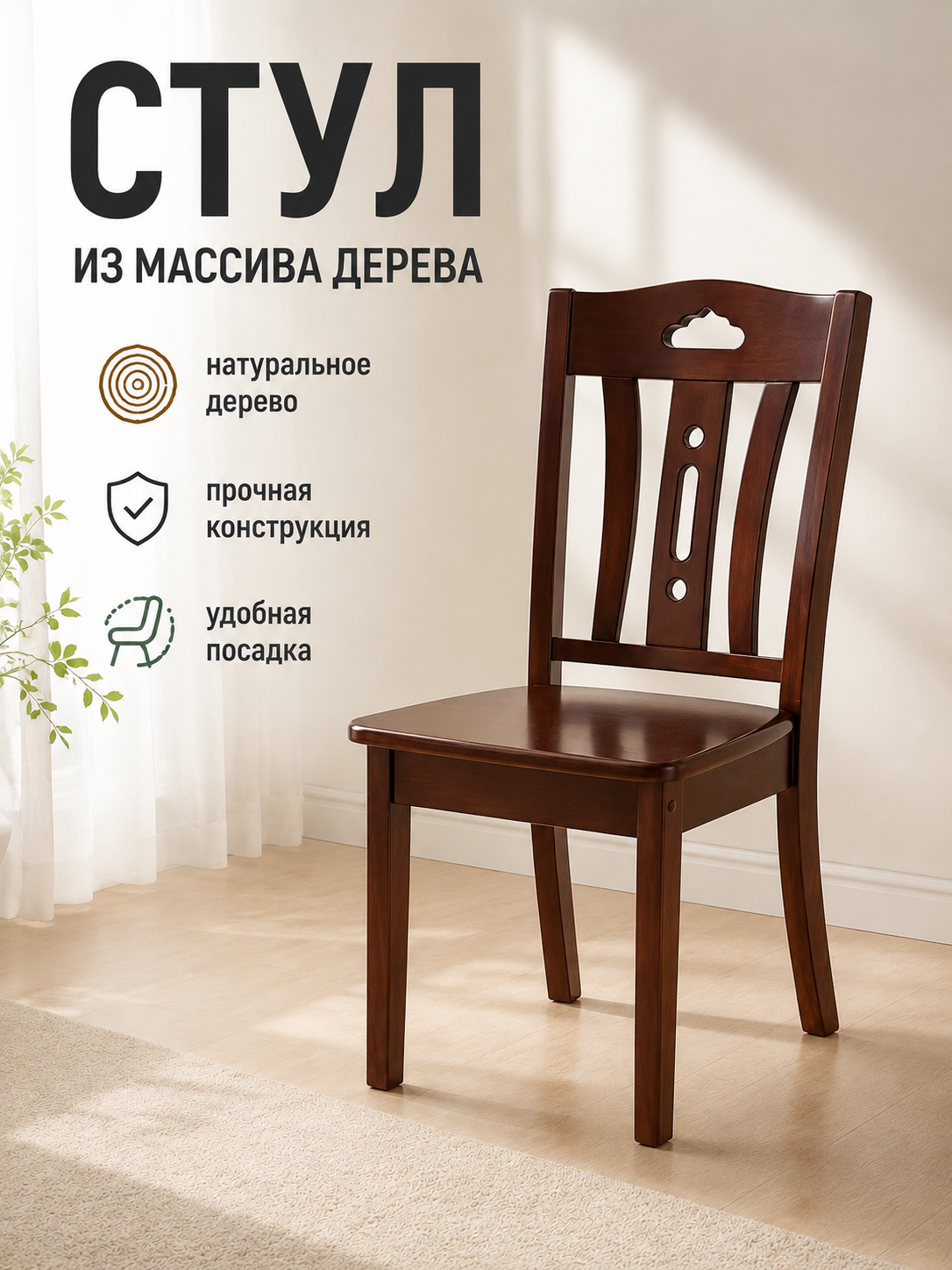 Стул из массива ореха, гнутая спинка, ножки с рифлением, винтажный стиль