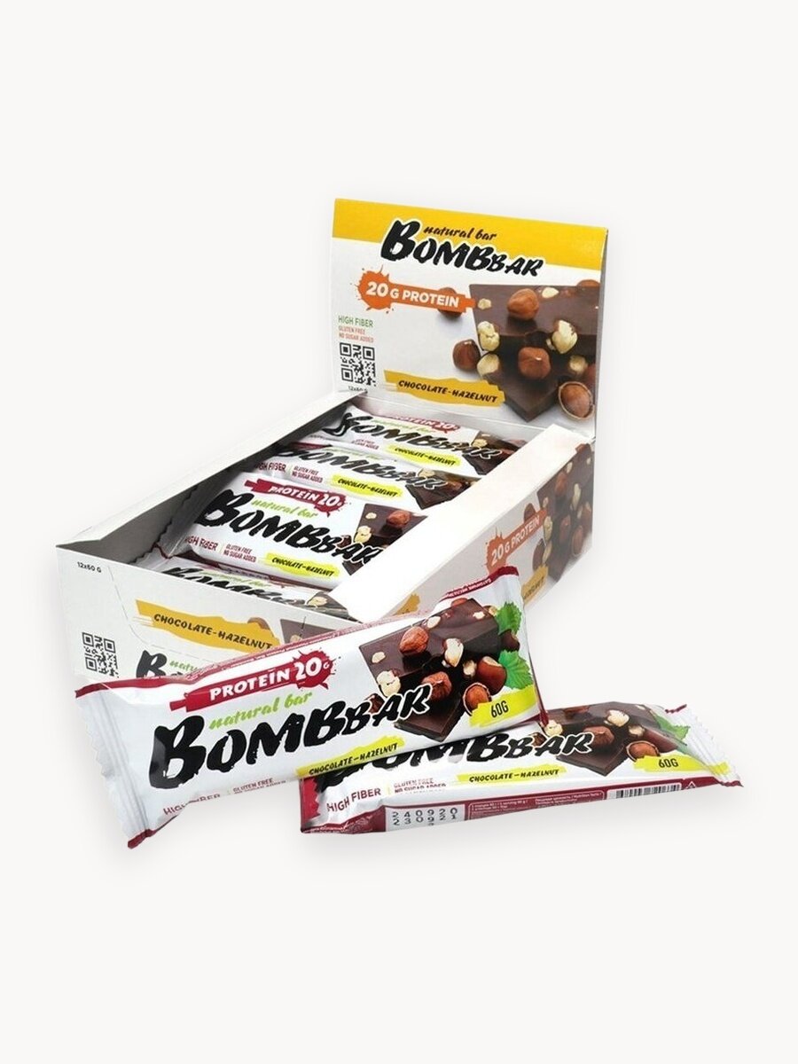 Bombbar Протеиновые батончики без сахара "Шоколад - фундук", 12шт х 60г