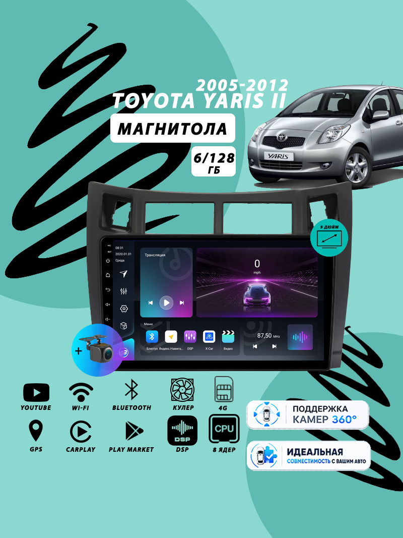 Магнитола Toyota Yaris 2 V2 (2005-2012) 6ГБ+128ГБ 4G/Android/360/8 ядер