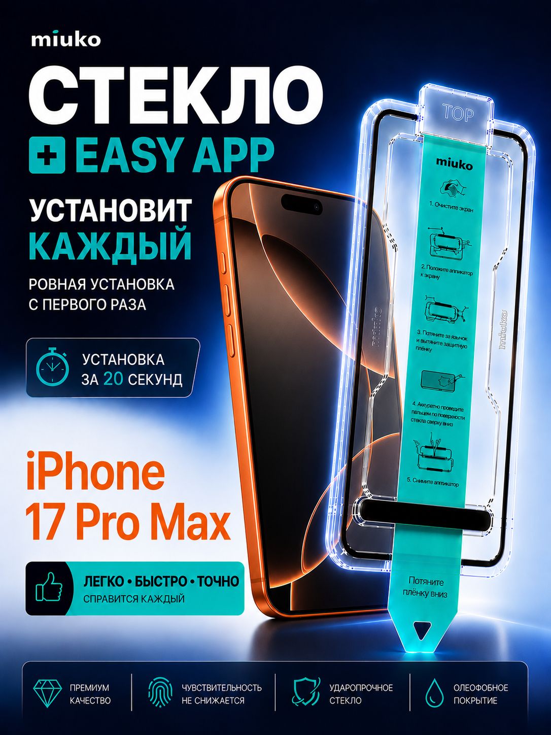 Защитное стекло на Айфон 17 Про Макс для iPhone 17 Pro Max с автоматической установкой с легкой установкой с аппликатором Easy App