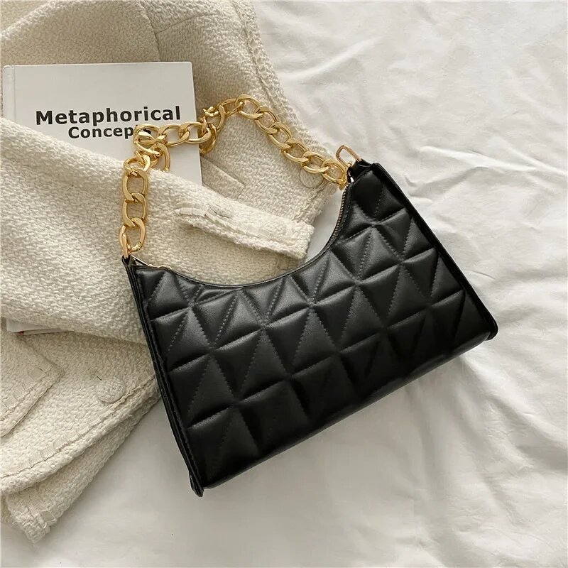 Diamond Pattern Shoulder Bag Solid Color Niche Chain Fashion Females Underarm Shopping Bag, black, SKU01003