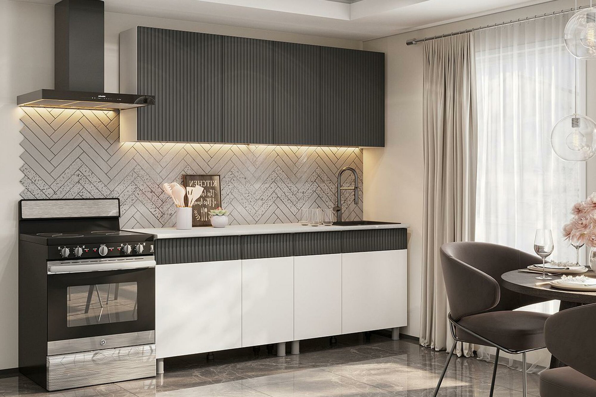 Кухонный гарнитур прямой Нонтон Гренто, 200 см, бланж / графит матовый / антарес