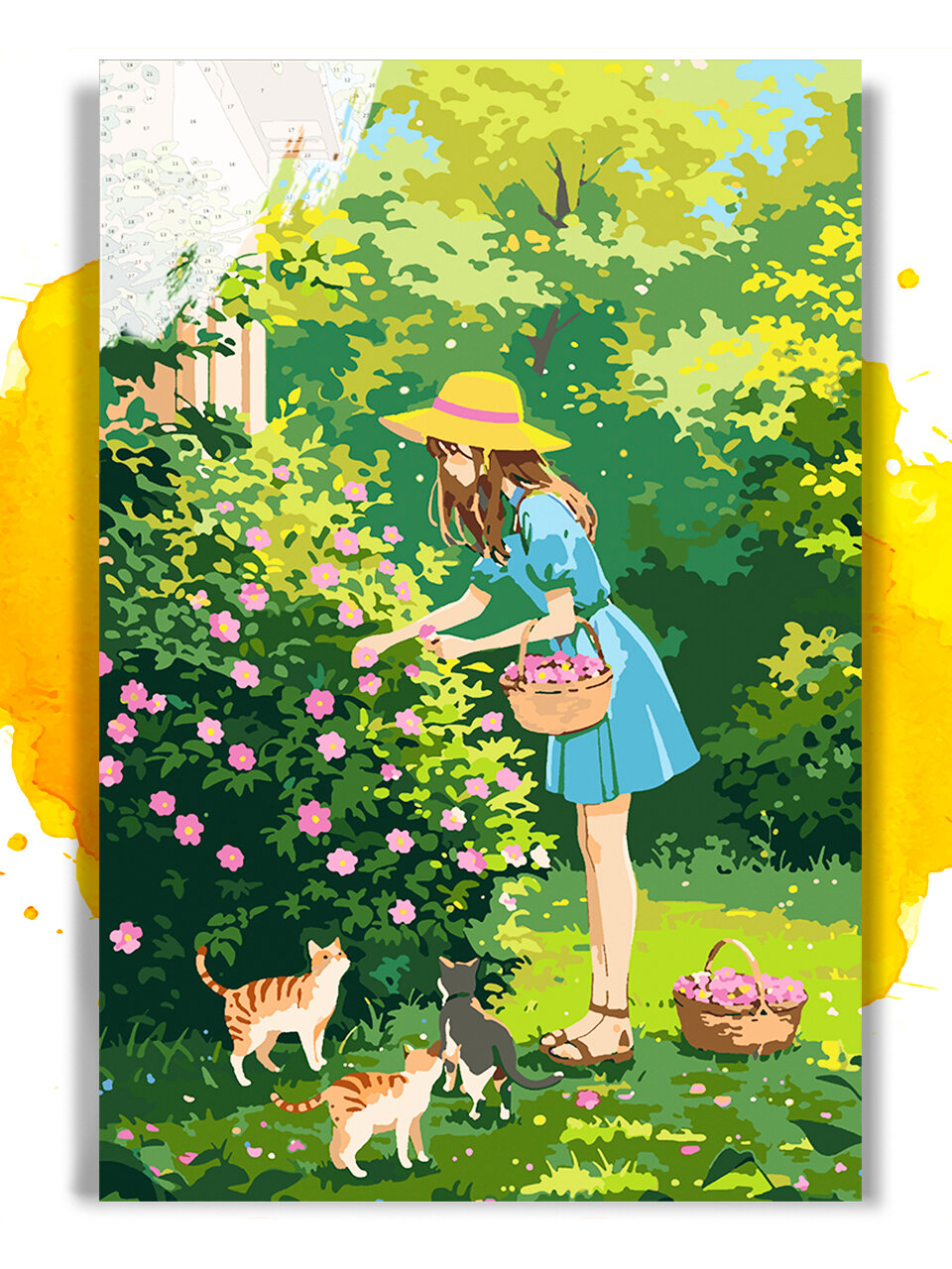 Картина по номерам на холсте Три кота и цветы шиповника, 40 х 60 см