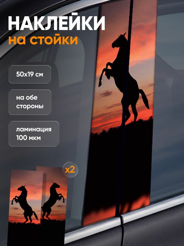 Наклейки с ламинацией на машину Конь, Лошадь / на стойки дверей автомобиля, 50х19см, 2шт, TotalPrint