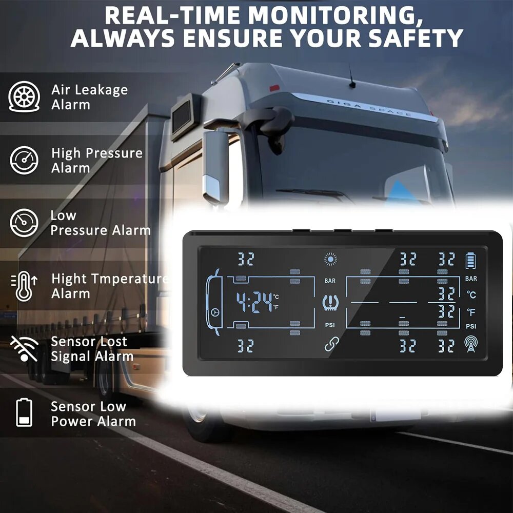 Система контроля давления в шинах (TPMS) на 8/10 колес с внешними датчиками для автомобилей и грузовиков, система оповещения о температуре и давлении в шинах