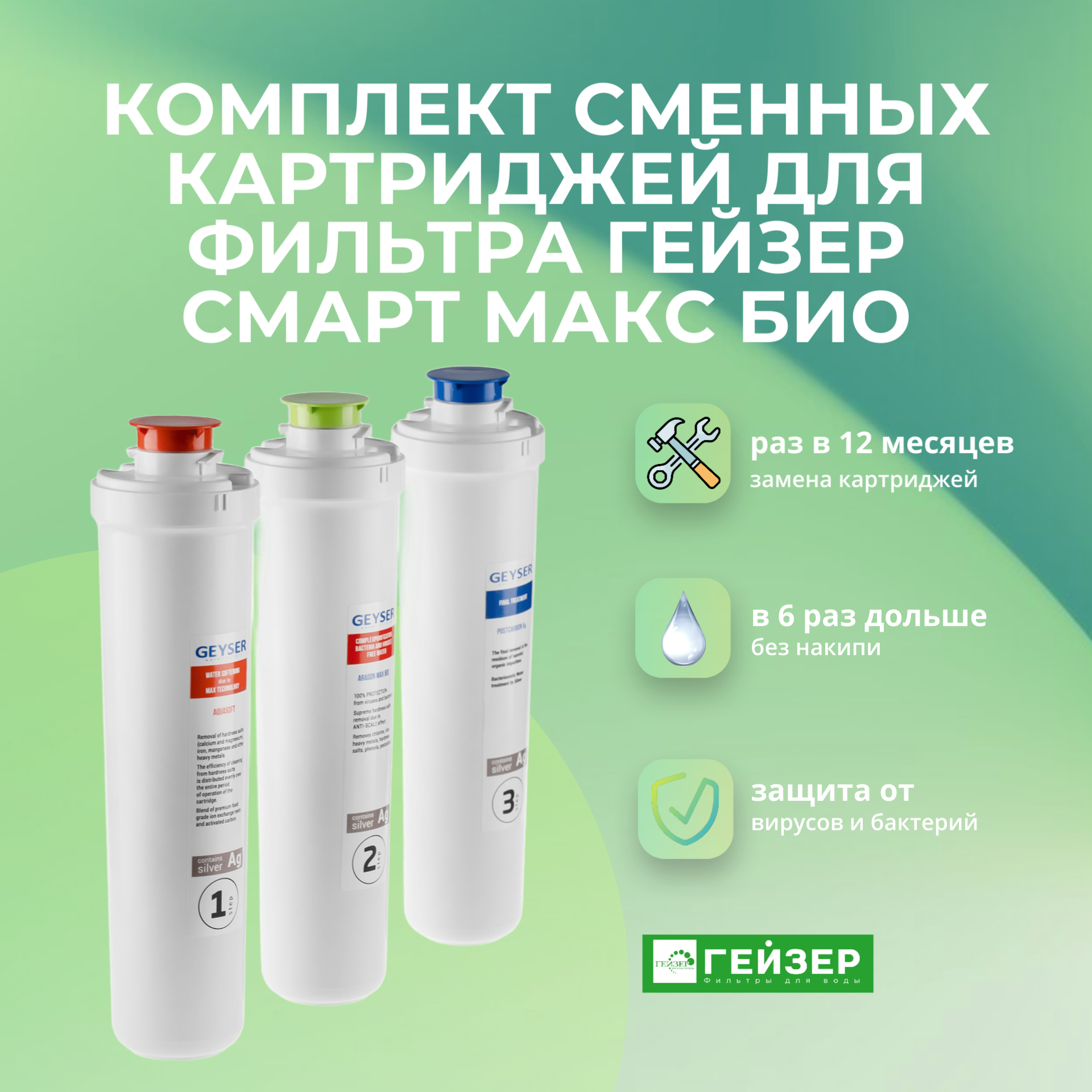 Комплект сменных картриджей для фильтра Гейзер Смарт Макс Био Артикул: 50108
