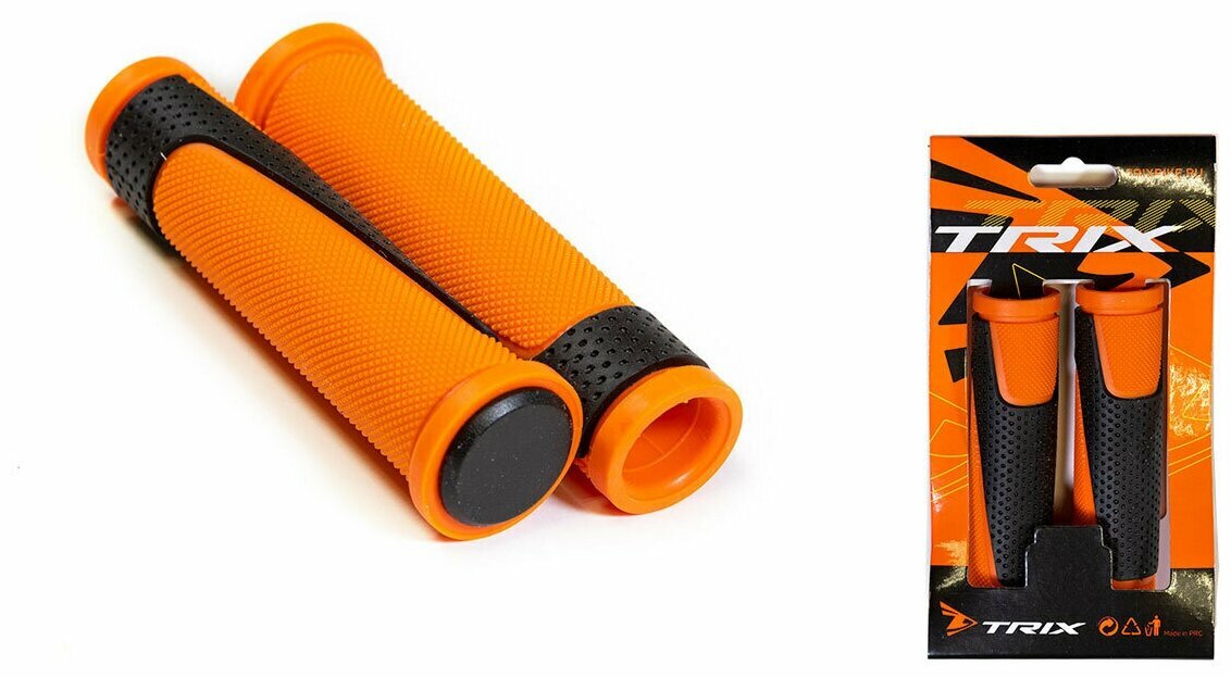 Грипсы TRIX, резиновые, 130мм, 2-х компонентные, с заглушками руля, Цвет черно-оранжевый