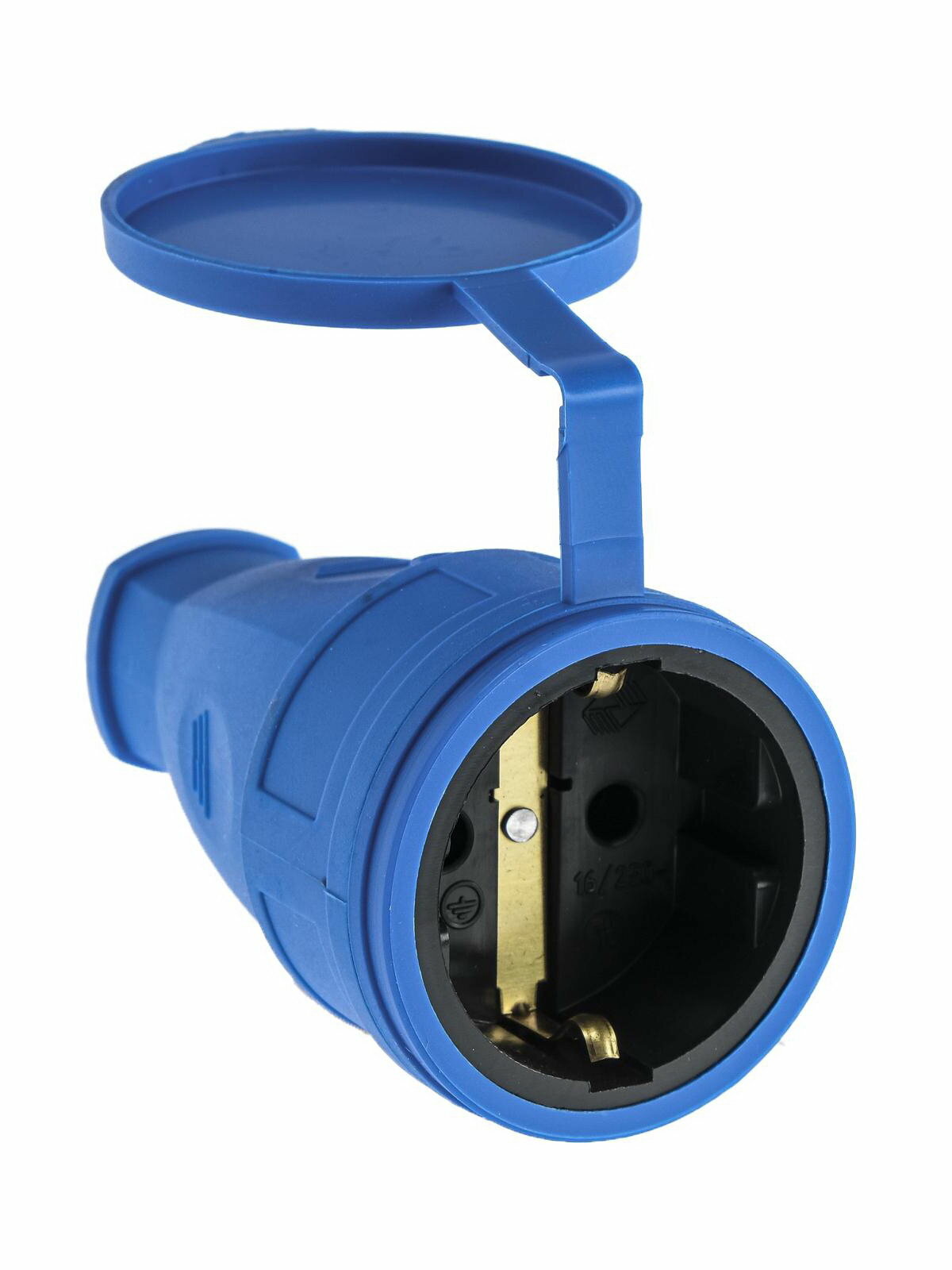 Розетка переносная 16-005, 250 В, 16 А, с заземлением, IP44, с заглушкой, каучук, синяя