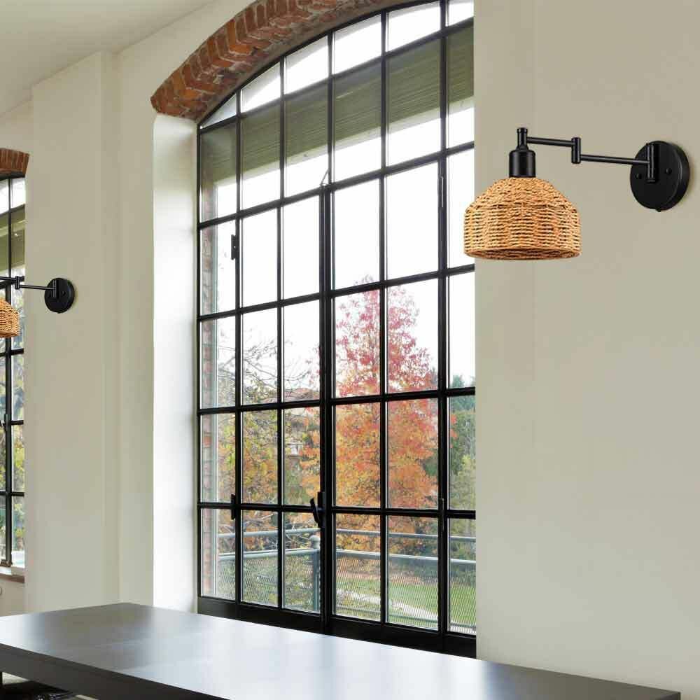 Винтажный бра с регулируемым кронштейном и абажуром из натуральной бумажной нити бохо-стиль для спальни и гостиной