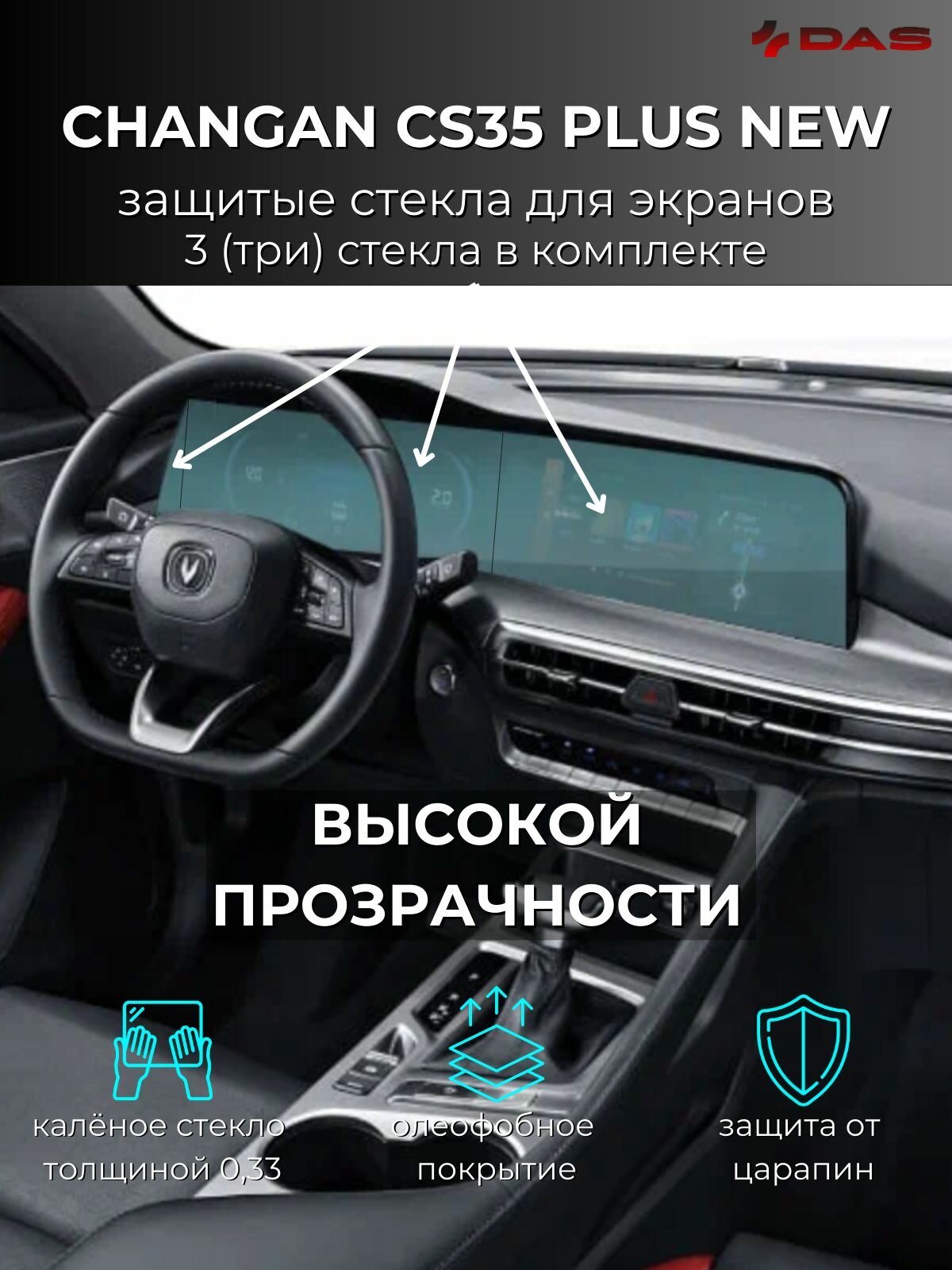 Комплект защитных стекол для дисплея магнитолы и приборной панели Changan CS 35 Plus/ Чанган ЦС 35 Плюс 2023-2025 г. в