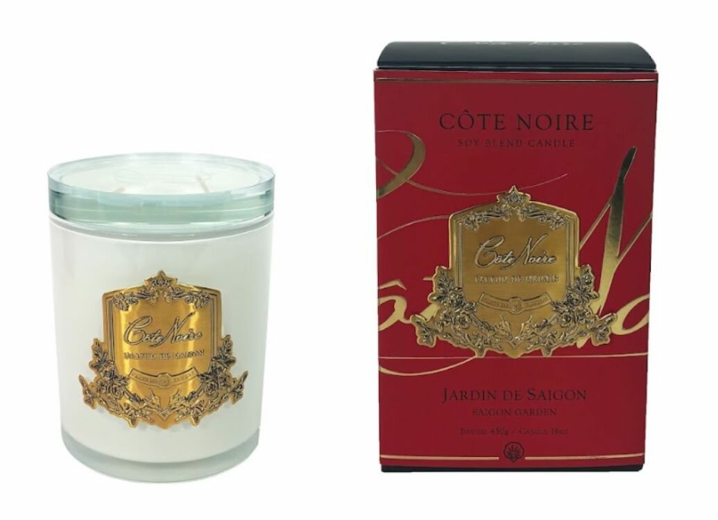 Свеча Cote Noire Saigon Garden 450 гр , белый стакан, золотой декор , время горения 100 ч