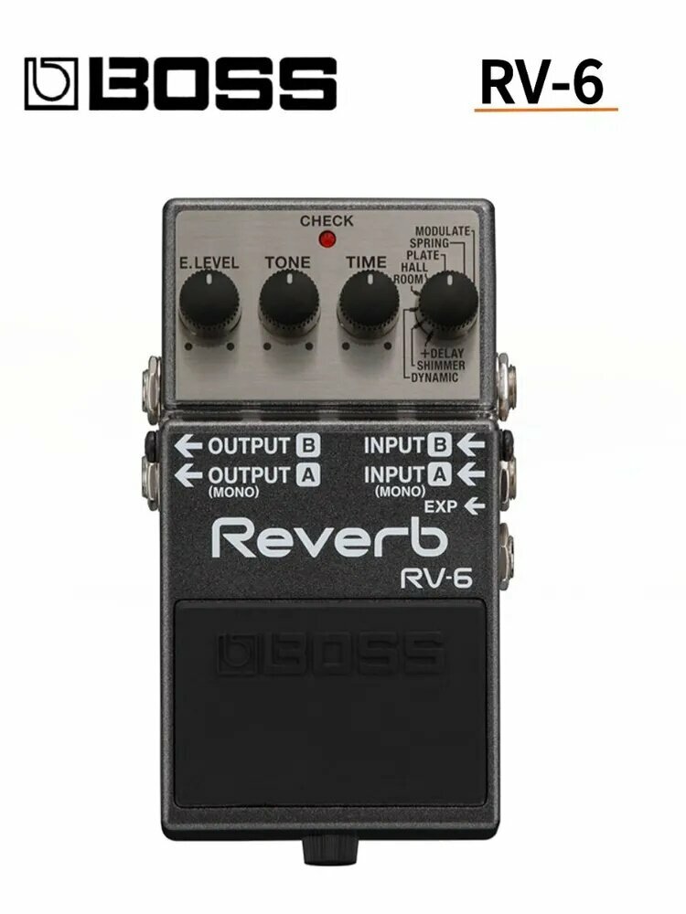 BOSS RV-6 Педаль реверберации для гитары, 8 режимов (Hall, Shimmer, Delay+Rev), студийный звук, стерео выход, поддержка экспресс-педали
