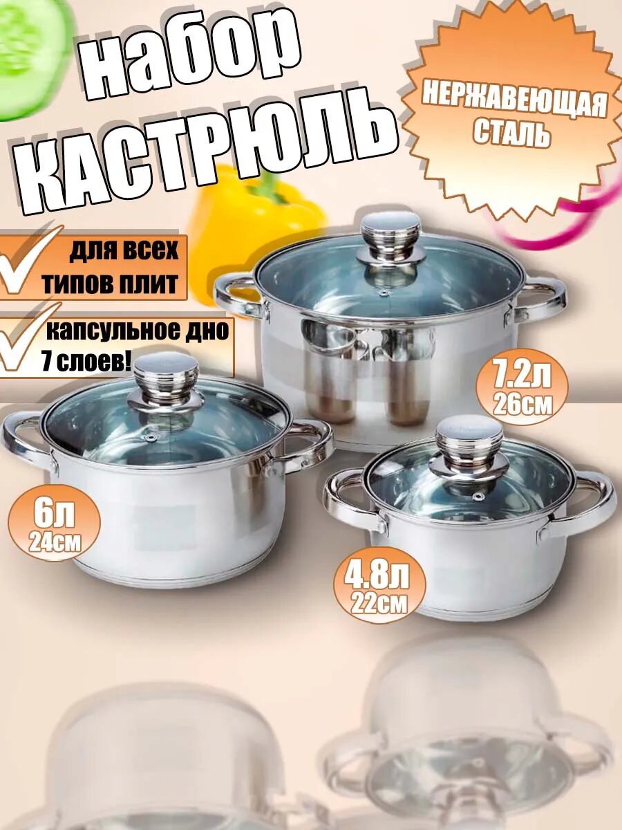 Набор кастрюль Vicalina 6 предметов, нержавеющая сталь, капсульное дно