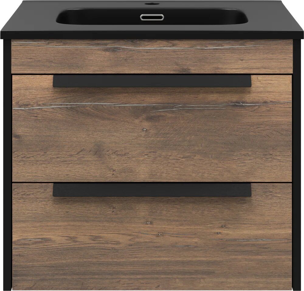 Тумба под раковину без столешницы Brevita Monsour 60 подвесная, черная, светлое дерево, матовая, из ЛДСП, тумба для ванной, с ящиками, с доводчиками, лофт