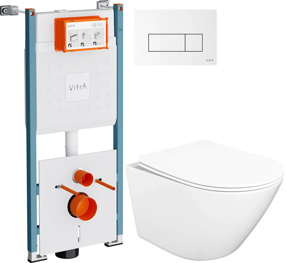 Инсталляция с унитазом комплект 3 в 1 Унитаз подвесной STWORKI Левангер S07401WH безободковый, смыв Торнадо, с микролифтом, антивсплеск / Инсталляция VitrA V-Fix Core 732-5800-01PV / Кнопка белая