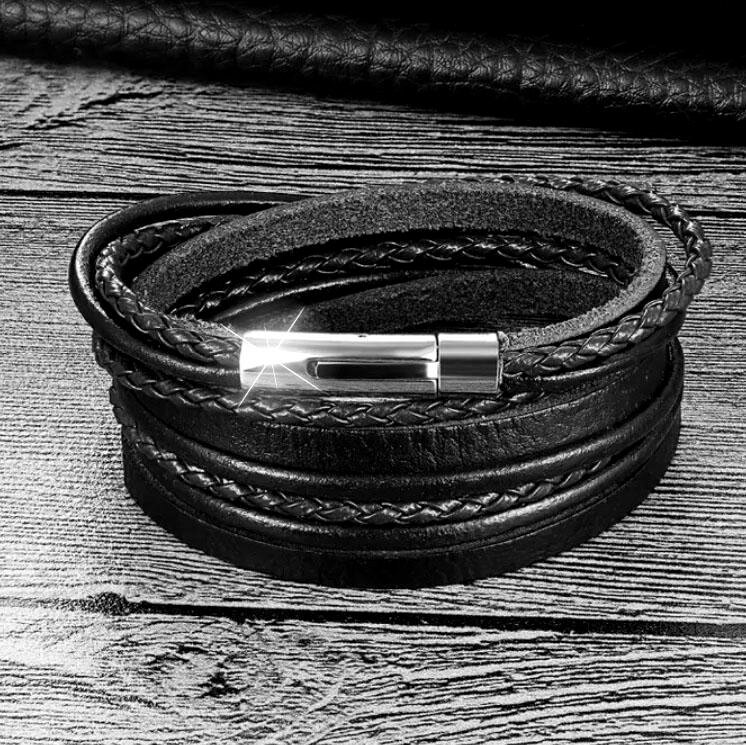 Плетеный браслет, металл, кожа