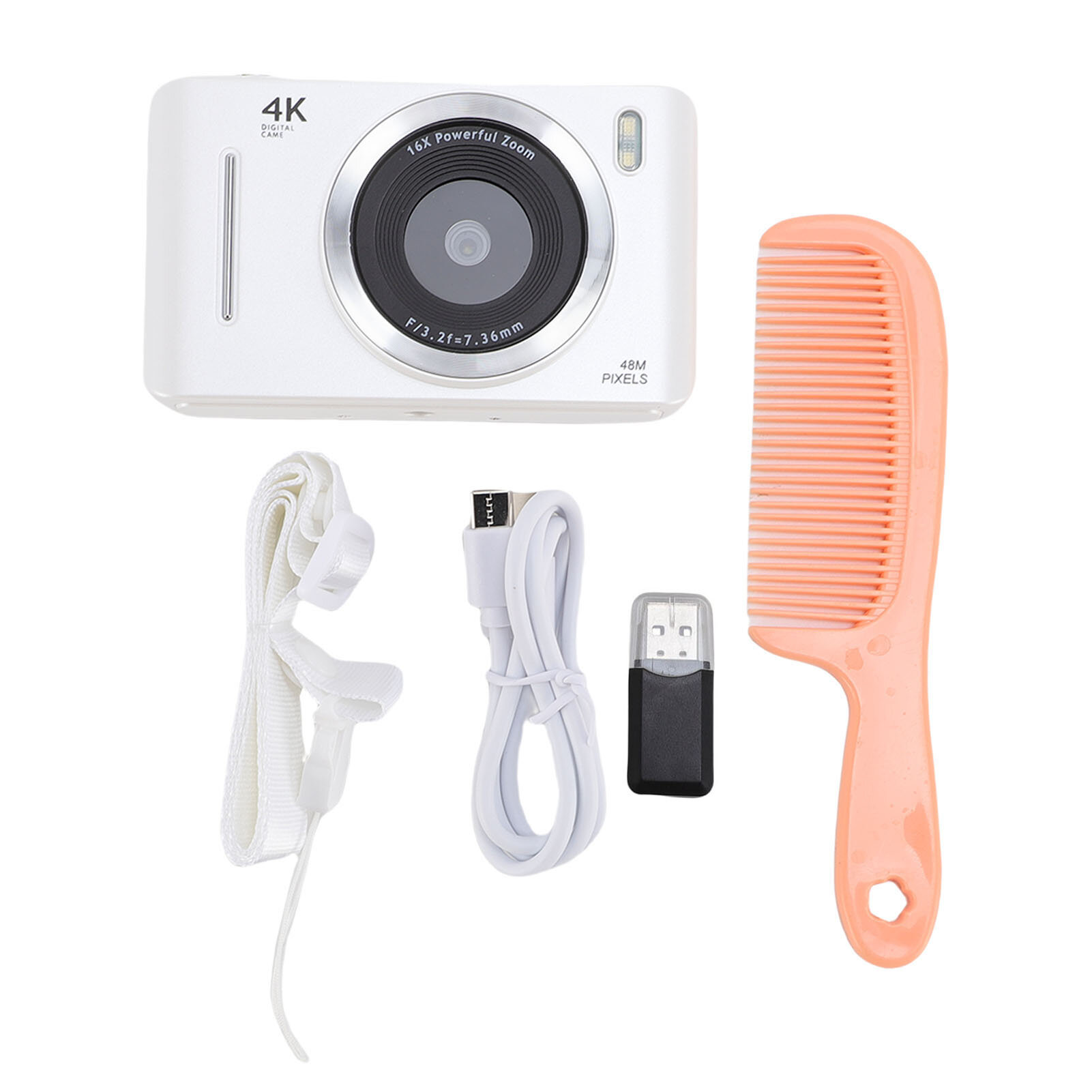 Цифровая фотокамера 4K с автофокусом, разрешением 48 Мп, HD-экраном, системой стабилизации изображения, 16-кратным зумом, 2,8-дюймовым экраном, белого цвета.