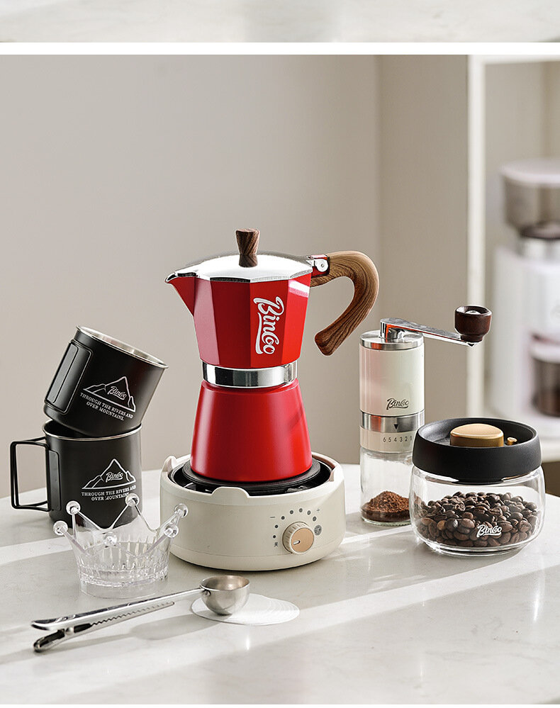 Набор Bincoo: двухклапанная эспрессо-машина moka98×195×195 мм + кофемолка (6 чашек, фильтр, ABS пластик)красный 9 штук