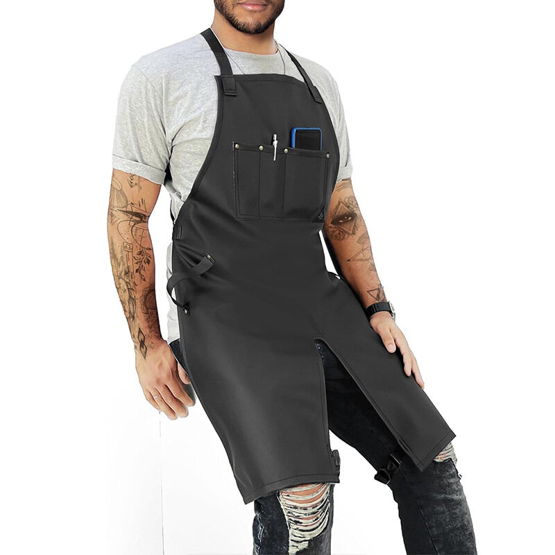 Мужской фартук из искусственной кожи с нагрудными карманами, регулируемые фартуки с разрезами для кофеен, мастеров маникюра, пекарей и бариста, водонепроницаемый рабочий фартук для использования в салонах красоты или на кухне