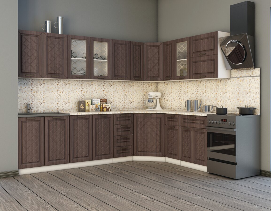 Кухонный гарнитур, кухня угловая 2,85 X 1,85 метра Агава Лиственница тёмная