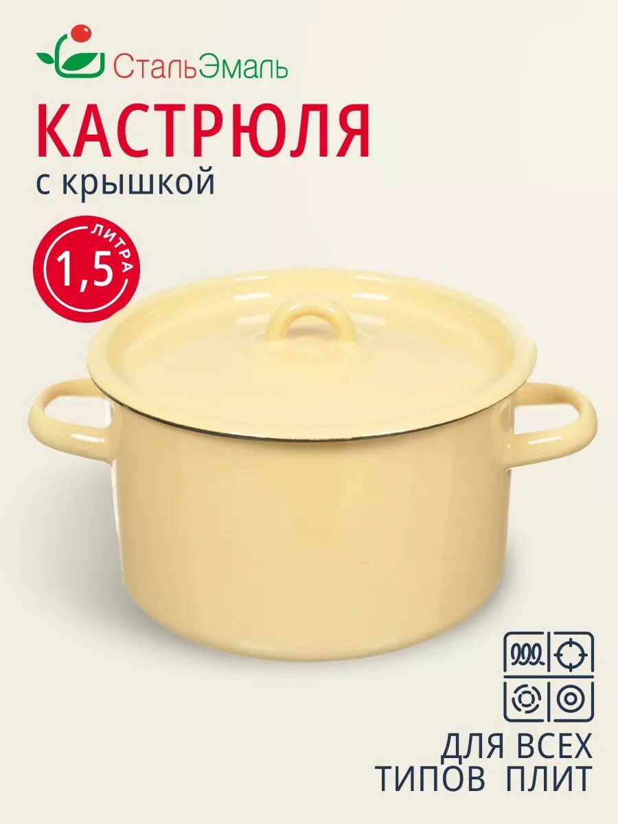 Кастрюля эмалированная 1.5 литра с крышкой для индукционной плиты, СтальЭмаль