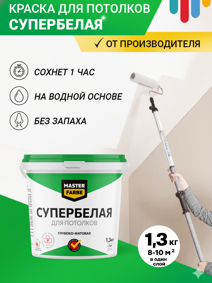 Краска супербелая для потолка MASTERFARBE краска водоэмульсионная, глубокоматовое покрытие, 1,3 кг