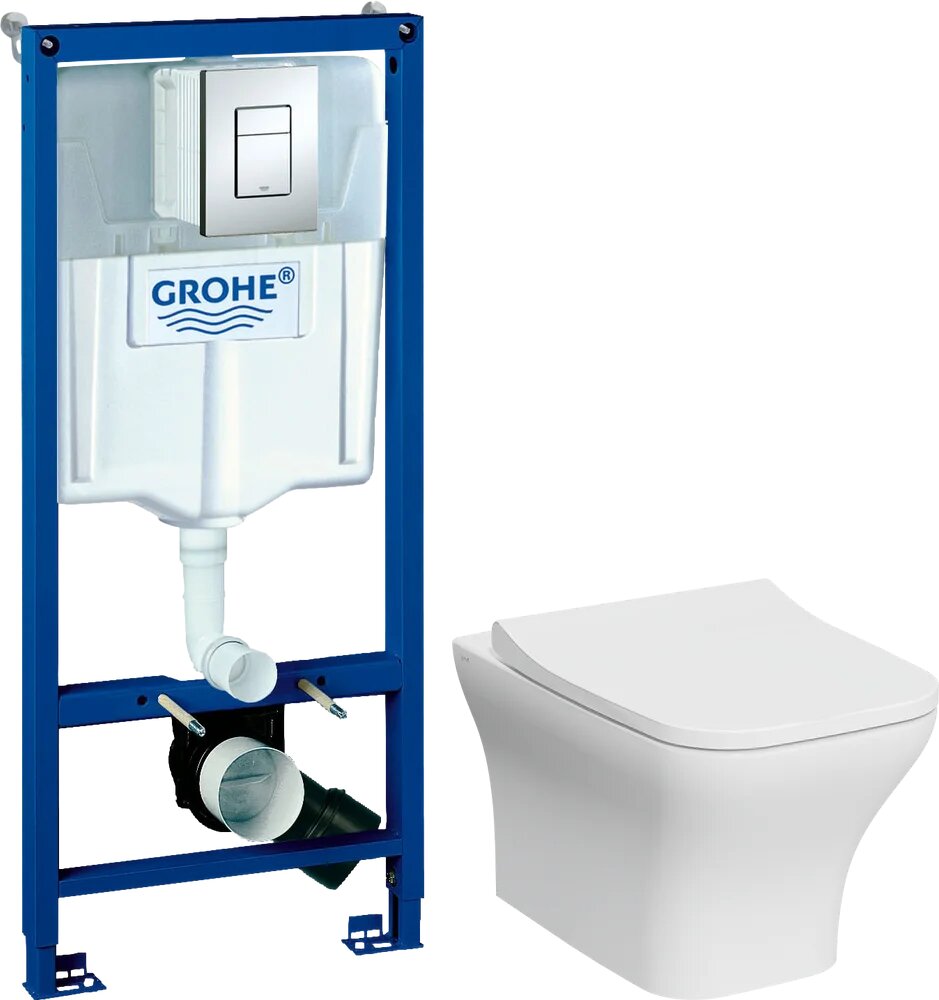 Комплект 3 в 1 Унитаз подвесной VitrA Zentrum Square 7484B003-0075 безободковый / Сиденье Integra Square 191-003-009 с микролифтом / Инсталляция с кнопкой Grohe Rapid SL 38772001 цвет хром