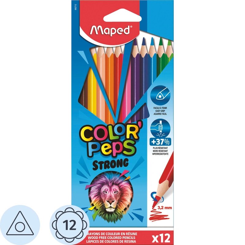 Карандаши цветные Maped COLOR'PEPS STRONG трехгран, пластик,12цв/уп,862712