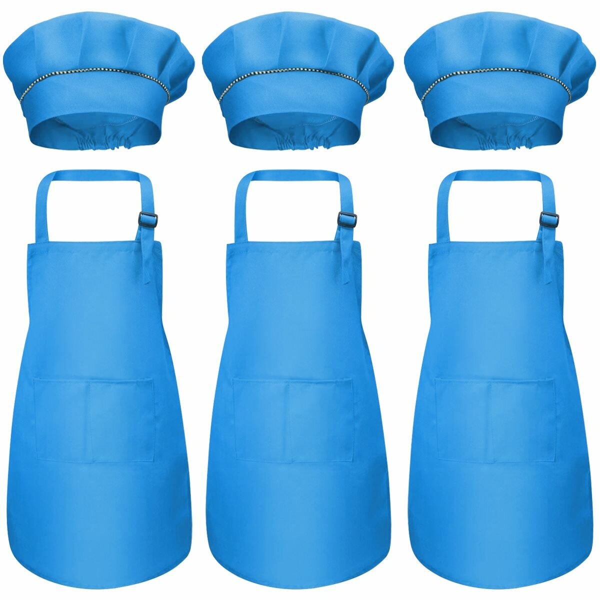 Детский набор фартуков и шапочек для творчества и кулинарии, 3 шт, регулируемый размер 7-13 лет, синий полиэстер, карманы и колпак-гриб, подходит для рисования, выпечки и школьных уроков труда