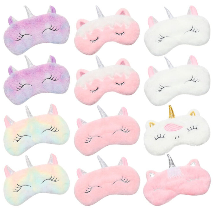 Набор из 12 масок для сна «Единорог», мягкие плюшевые 3D-маски для сна с животными для детей и взрослых, милые мультяшные повязки на глаза, повязки на глаза для сна, путешествий и сна, набор плюшевых масок для сна