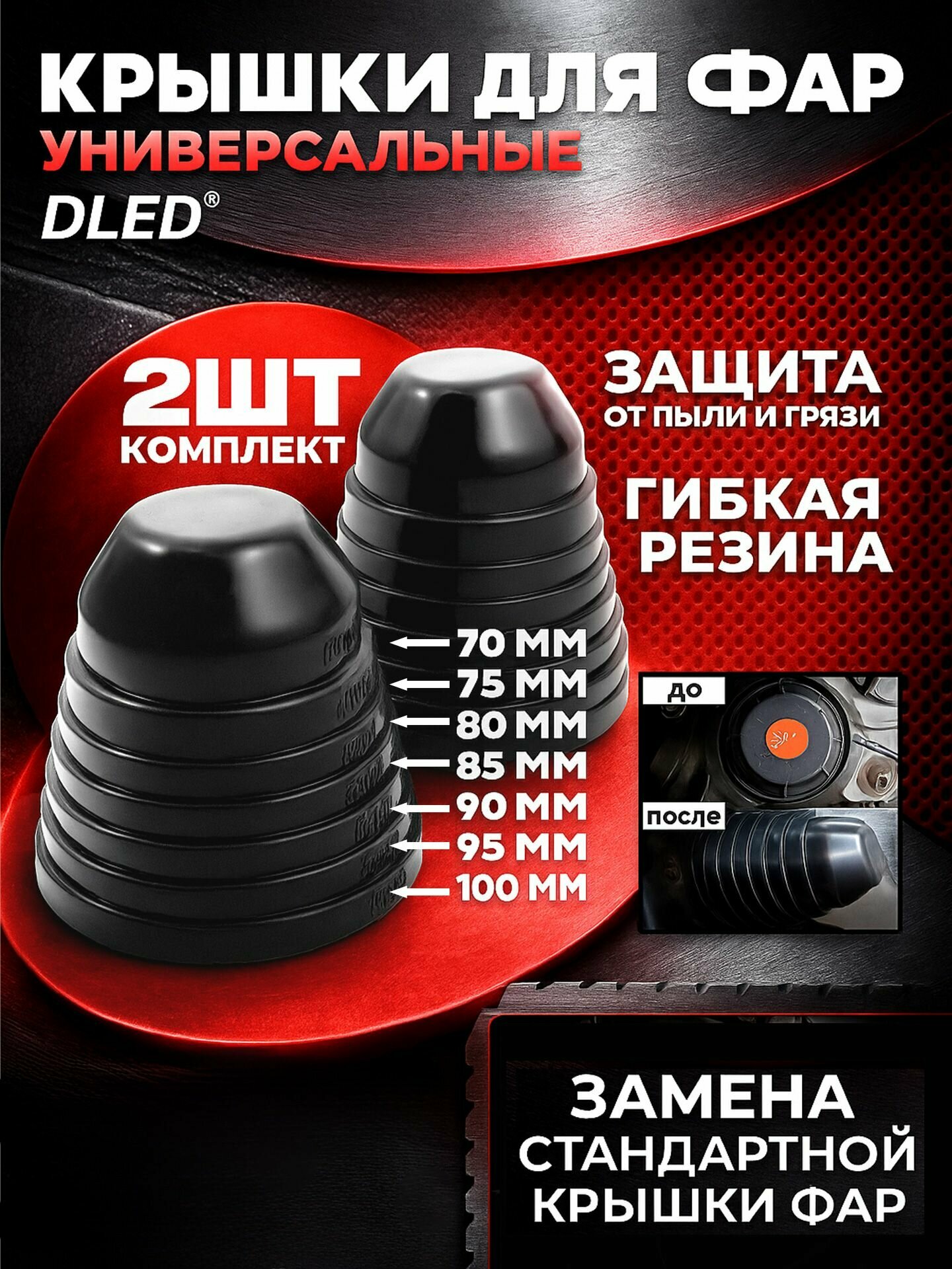 2шт Накладки-крышки для фары резиновые 70-100мм черные / заглушка на фару