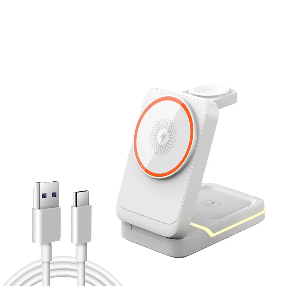 Беспроводная зарядная станция 3 в 1, зарядное устройство Apple MagSafe, складное магнитное дорожное зарядное устройство для iPhone Apple Watch AirPods Pro, White with cable