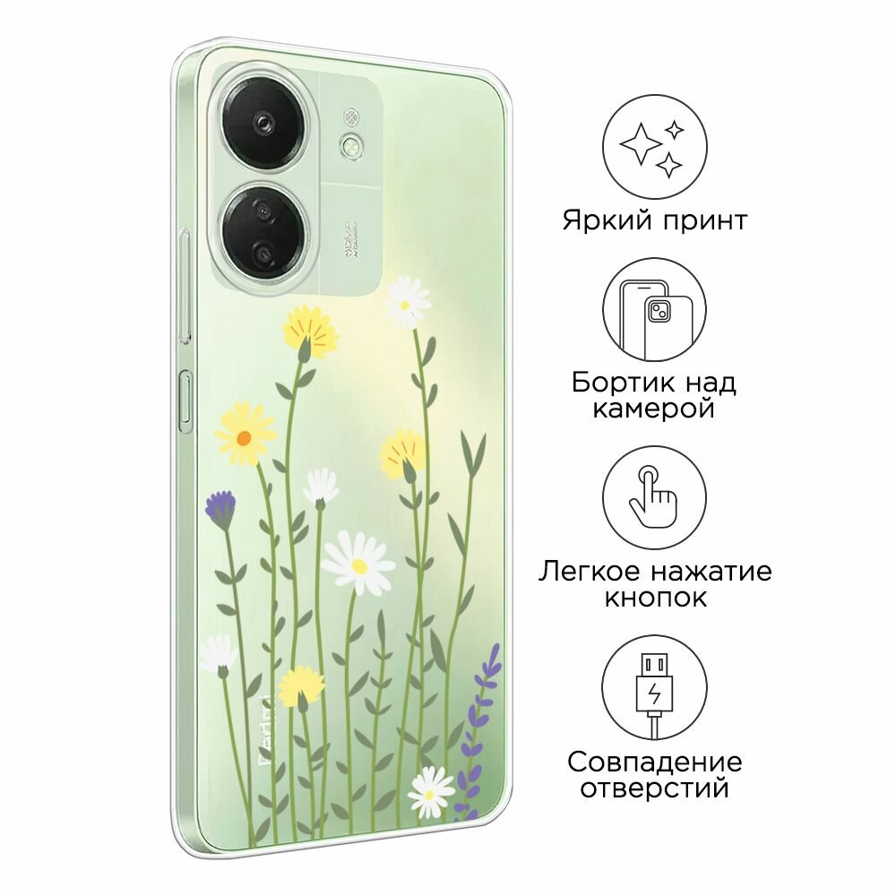 Чехол на Xiaomi Redmi 13C/Poco C65 / Сяоми Редми 13C/Поко С65 с принтом "Пучок полевых цветов", прозрачный — фото 1