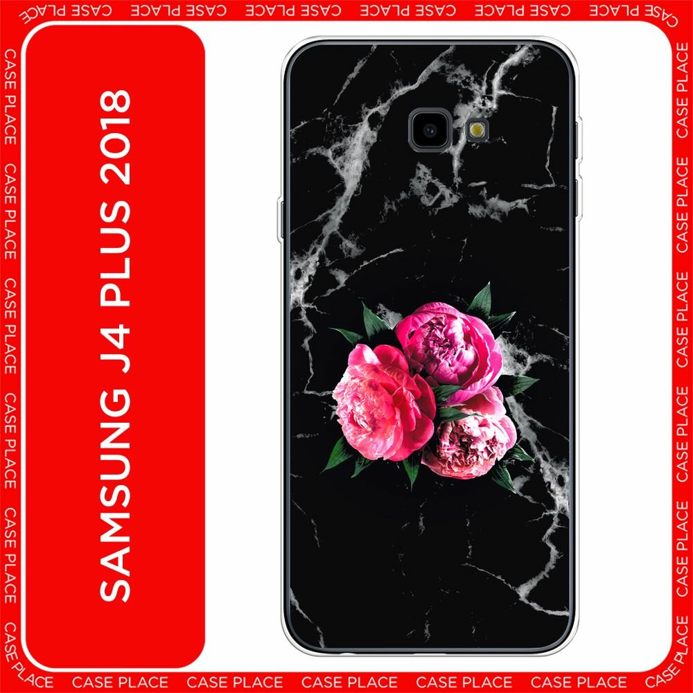 Чехол на Samsung Galaxy J4 Plus 2018 / Самсунг J4 Plus 2018 с принтом "Букет на черном мраморе"