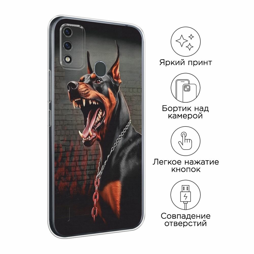 Силиконовый чехол на Itel A48 / Ител А48 с принтом "Доберман с цепью" — фото 1