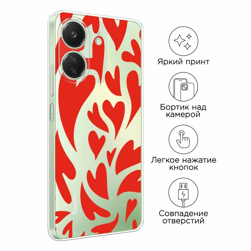 Чехол на Xiaomi Redmi 13C/Poco C65 / Сяоми Редми 13C/Поко С65 с принтом "Crazy hearts 2 - 14 февраля", прозрачный — фото 1