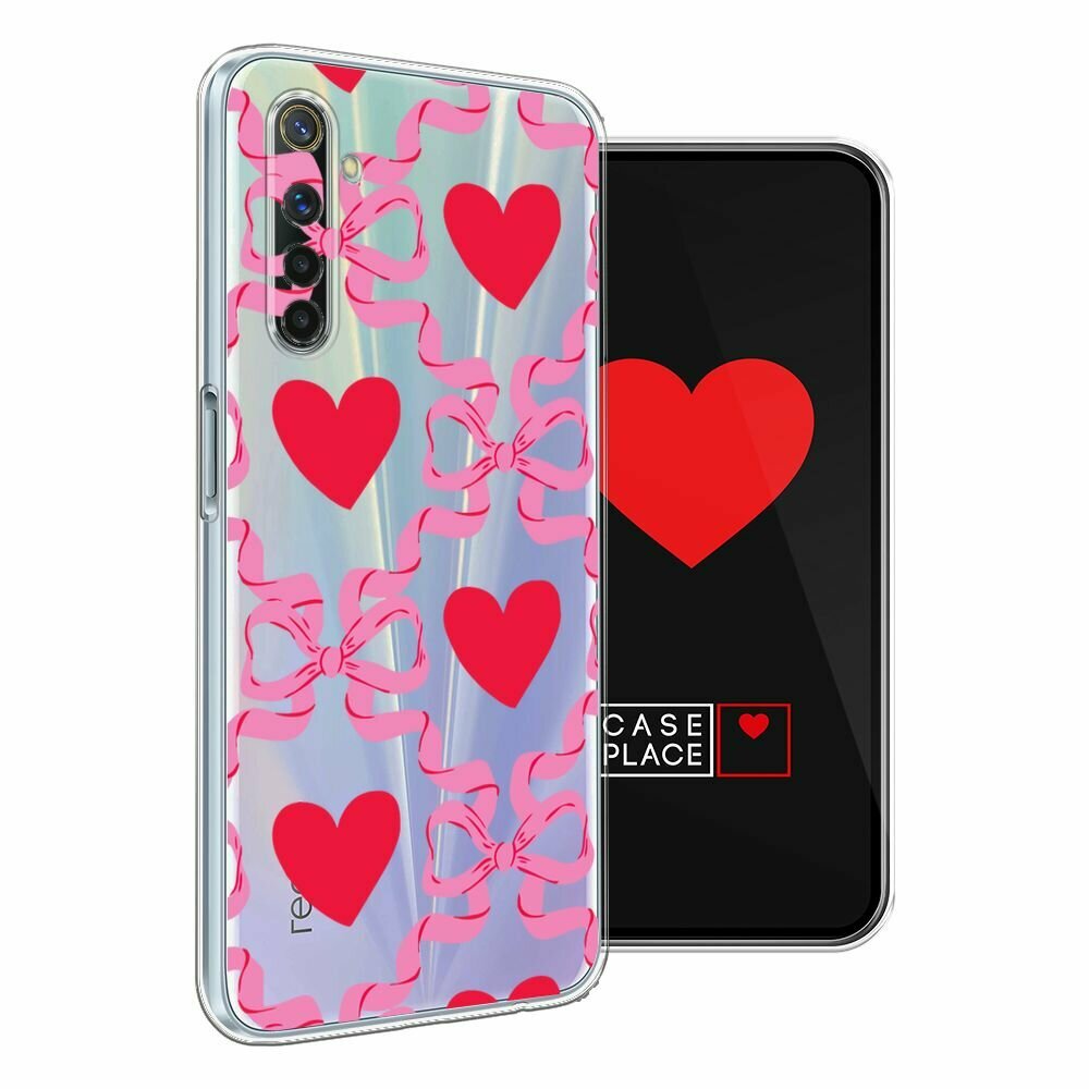 Чехол на Realme 6 / Реалми 6 с принтом "Hearts and ribbons 2 - 14 февраля", прозрачный — фото 1