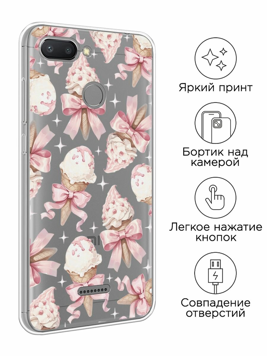 Чехол на Xiaomi Redmi 6 / Сяоми Редми 6 с принтом "Мороженое с бантиками", прозрачный — фото 1