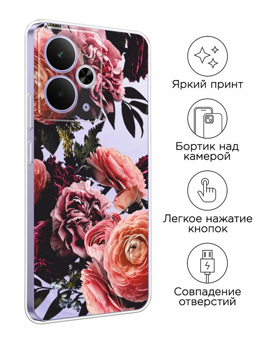 Чехол на Realme 14T / Реалми 14Т с принтом "Бордовые винтажные цветы", прозрачный — фото 1