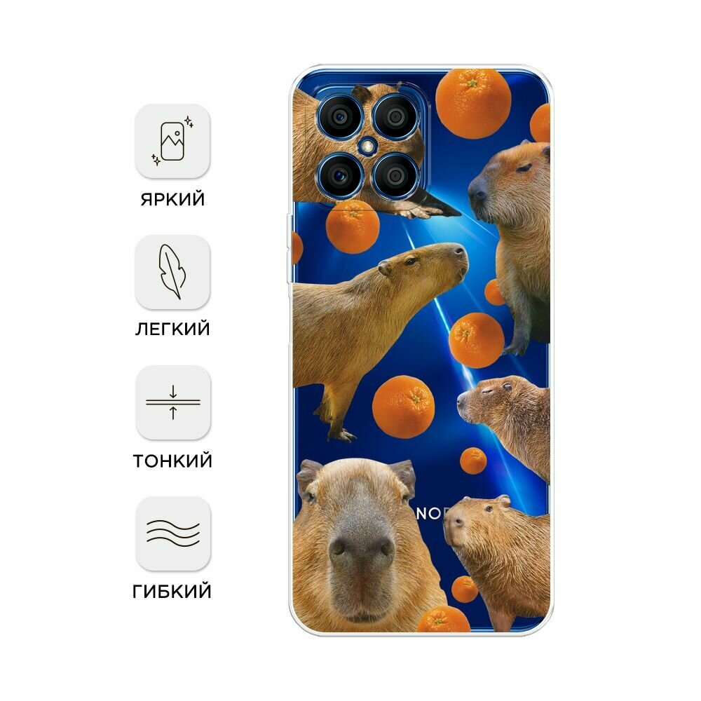 Чехол на Honor X8 / Хуавей X8 с принтом "Капибара и апельсины", прозрачный — фото 1